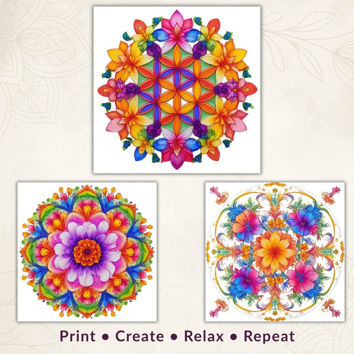 Floral Mandala Art – Set of 8 Full Color Printable Pages